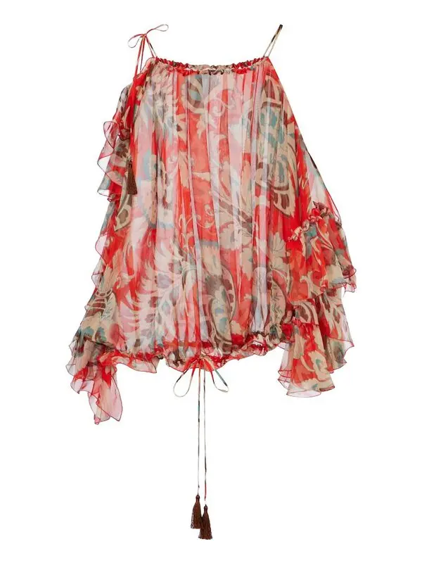 Etro Printed Ruffled Silk Top - Red
