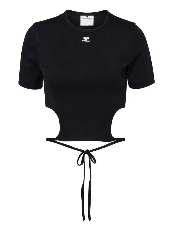 COURREGES Logo Cutout Tie-back Crop Top - Black