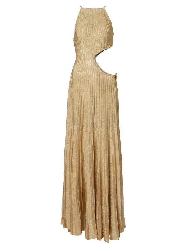 Roberto Cavalli Cutout Ribbed-knit Sheer Lamé Gown - Gold