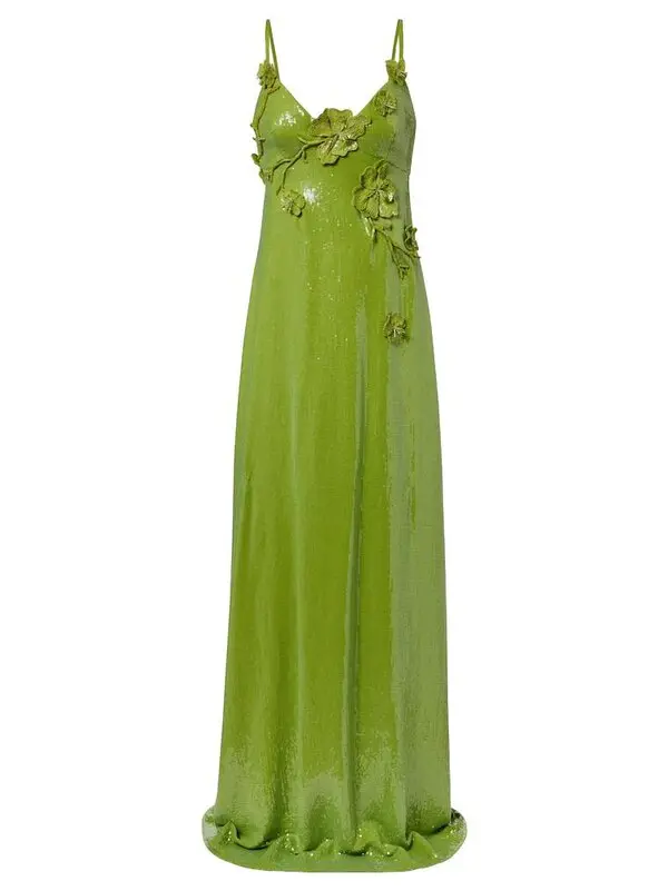 Oscar De La Renta Floral-appliqué Sequined Jersey Gown - Green