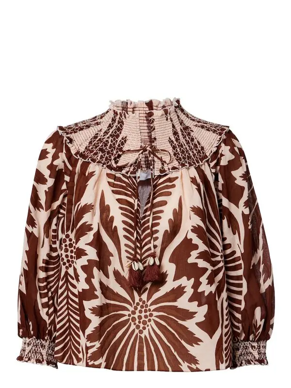 Poupette St Barth Ysee Printed Smocked Cotton Blouse - Brown