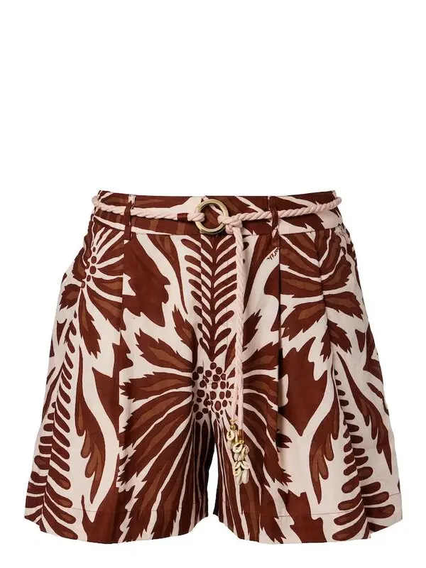 Poupette St Barth Chantal Printed Belted Cotton Shorts - Brown
