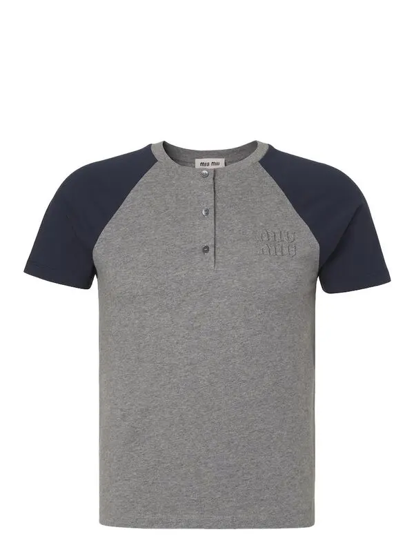 Miu Miu Logo Cotton Jersey Henley Shirt - Grey