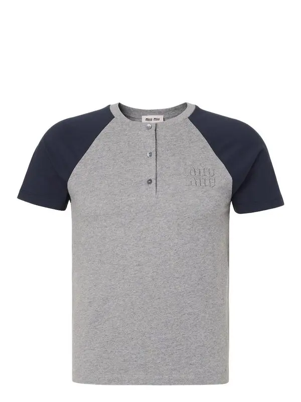 Miu Miu Logo Cotton Jersey Henley Shirt - Grey