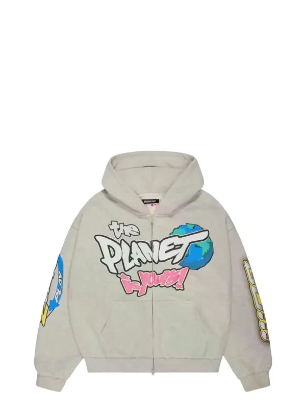 BROKEN PLANET Graphic Print Zip-up Hoodie - Grey