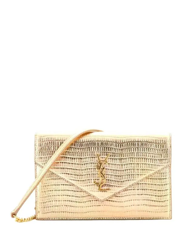 Saint Laurent Classic Monogram Wallet On Chain Lizard Embossed Leather Crossbody Bag - Gold