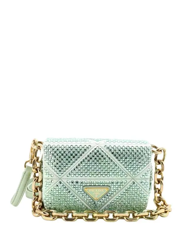 Prada Triangle Chain Flap Bag Crystal Embellished Quilted Satin - Green