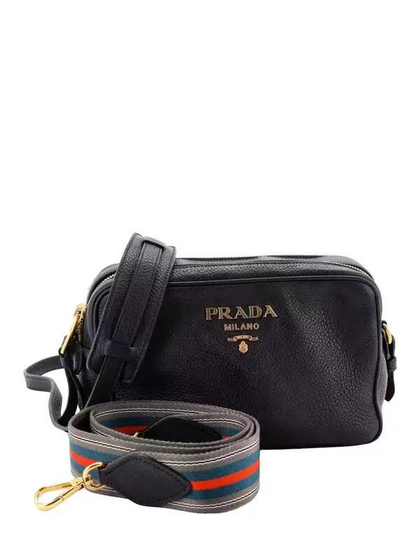 Prada Dual Strap Double Zip Camera Bag Vitello Daino Crossbody Bag - Black