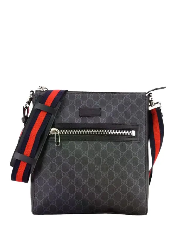 Gucci Web Strap Front Zip Messenger Bag Gg Coated Canvas - Black