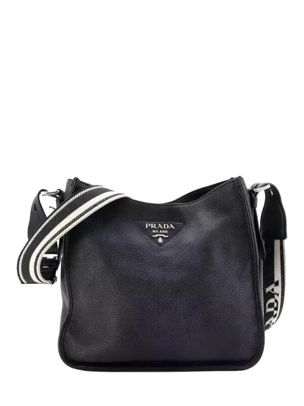 Prada Logo Strap Leather Hobo Bag - Black