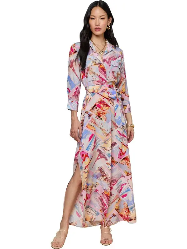 L'Agence Cameron Silk Shirt Dress - Light Pink Multi Large Postcard Print