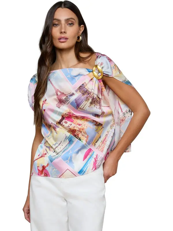 L'Agence Driselle Scarf Top - Light Pink Multi Large Postcard Print