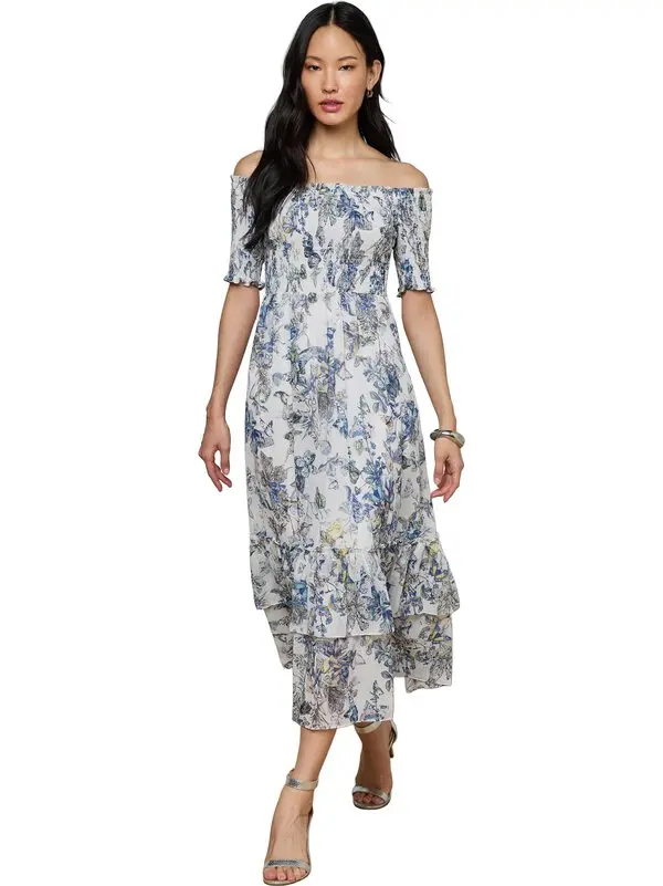 L'Agence Oriel Off-shoulder Dress - Grey Multi Watercolor Butterfly Jacquard
