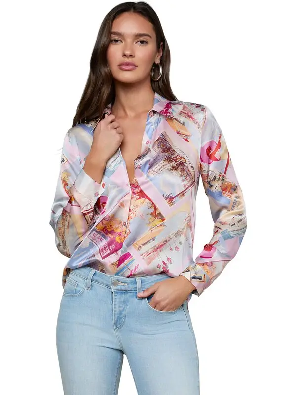L'Agence Tyler Printed Silk Blouse - Light Pink Multi Large Postcard Print