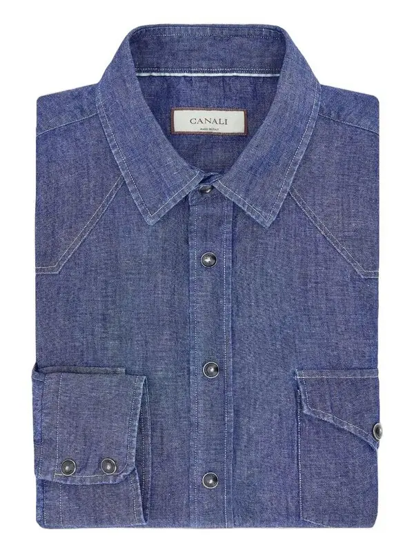 Canali Cotton-linen Denim Regular-fit Shirt With Snap Buttons - Blue