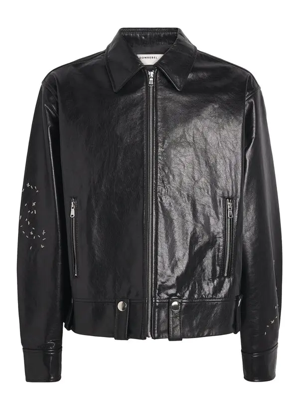 DOMREBEL Embroidered Leather Contrarian Jacket - Black