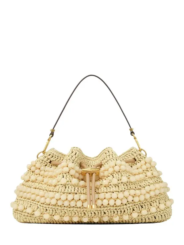 JIMMY CHOO Cinch Raffia Beaded Bucket Bag - Beige