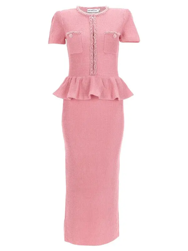 SELF-PORTRAIT Midi Dress With Peplum And Beading - Pink