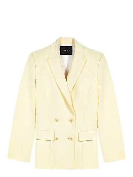 Maje Double-breasted Stretch-woven Blazer With Removable Brooch - Pale Yellow