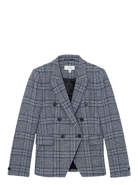 REISS Larissa Double-breasted Checked Cotton And Linen-blend Blazer - Navy Check