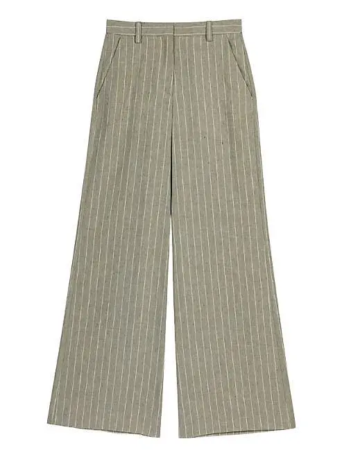 Maje Striped Wide-leg Cotton And Linen-blend Trousers - Khaki