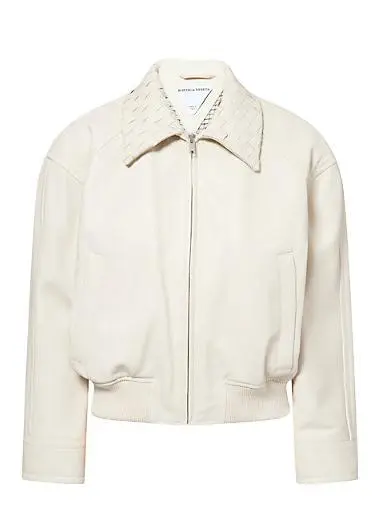 Bottega Veneta Intrecciato-collar Leather Bomber Jacket - Pale Meringue