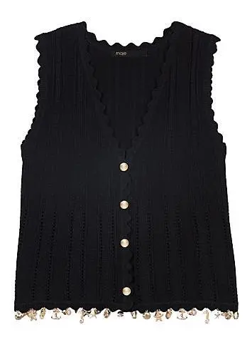 Maje Sleeveless Charm-embellished Stretch Cotton-blend Cardigan - Black