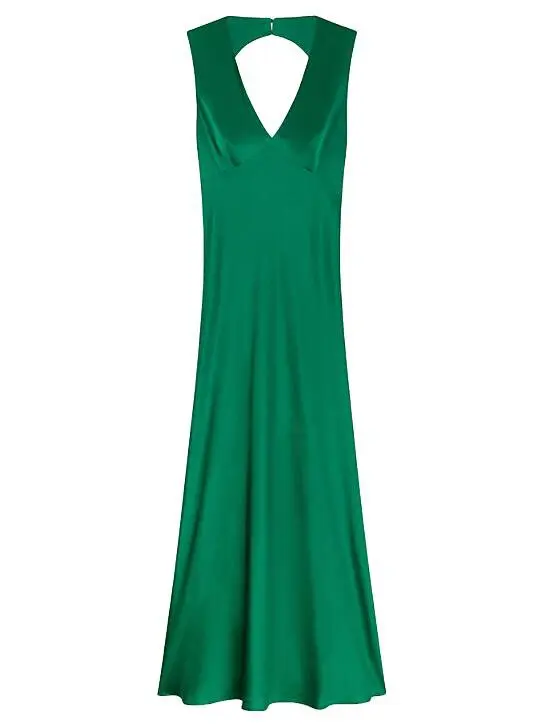 OMNES Satin Maxi Dress With Tie Back - Emerald Green