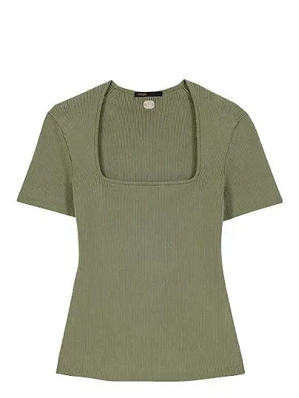 Maje Ribbed Square-neck Stretch Cotton-blend Top - Khaki