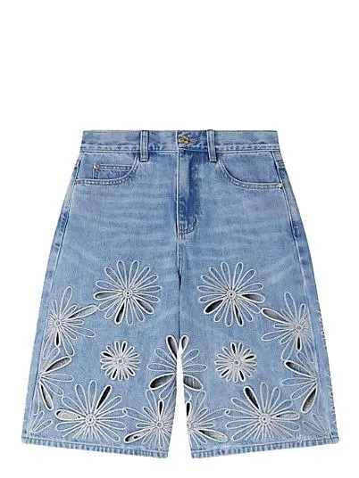 Sandro Floral-embroidered Denim Bermuda Shorts - Blue Jean