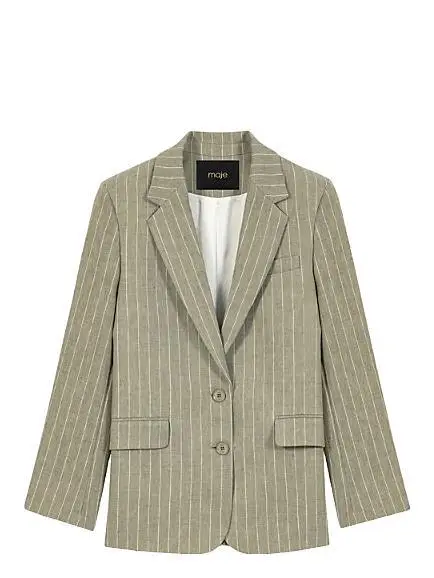 Maje Striped Single-breasted Cotton And Linen-blend Blazer - Khaki