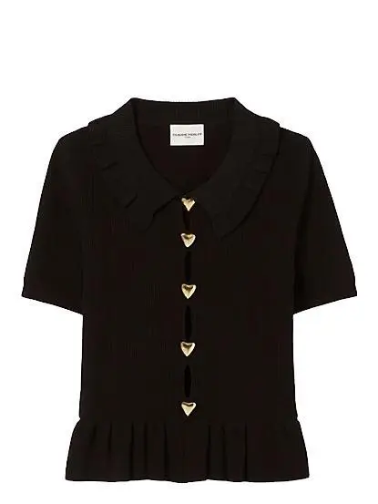Claudie Pierlot Collared Heart-embellished Stretch-knit Top - Black