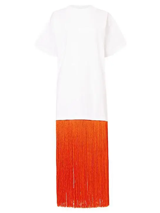 Alaïa Cotton T-shirt Midi Dress With Fringing - Blanc