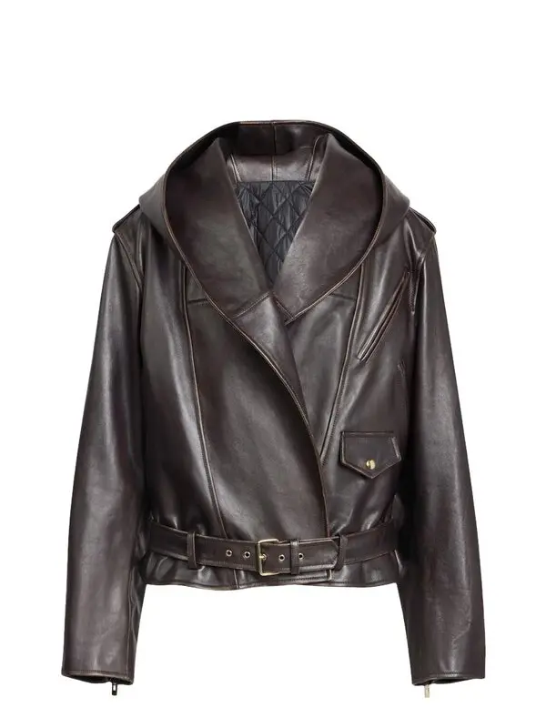 ALAÃA Hooded Nappa Leather Biker Jacket - Brown