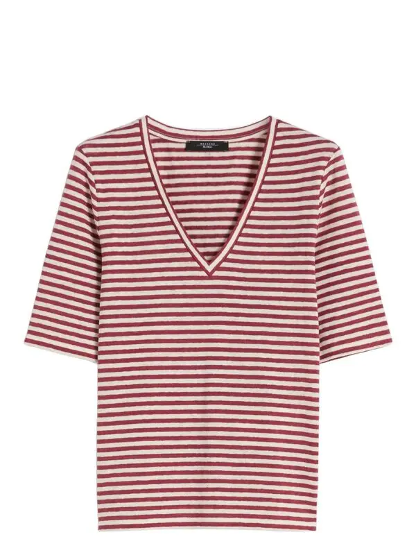Max Mara Stretch Linen Jersey V-neck T-shirt - Cherry
