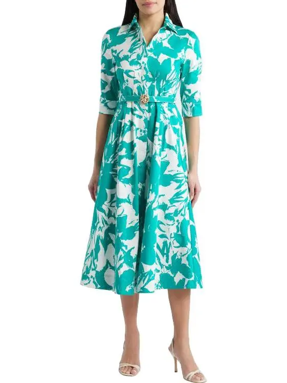 Anne Klein Floral Print Shirt Dress - Beryl Green/crispt White