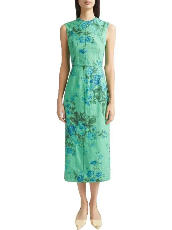 Erdem Floral Print Sleeveless Linen Midi Pencil Dress - Rose Bouquet Sea Green