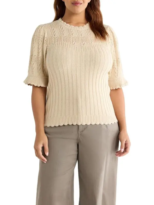 Wit & Wisdom Frill Sleeve Mixed Stitch Cotton Blend Sweater - Deep Macadamia