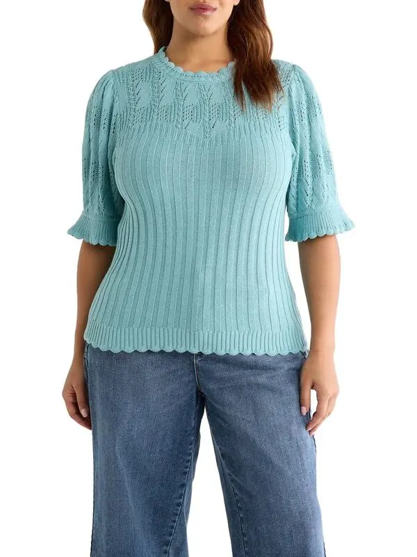 Wit & Wisdom Frill Sleeve Mixed Stitch Cotton Blend Sweater - Pale Teal