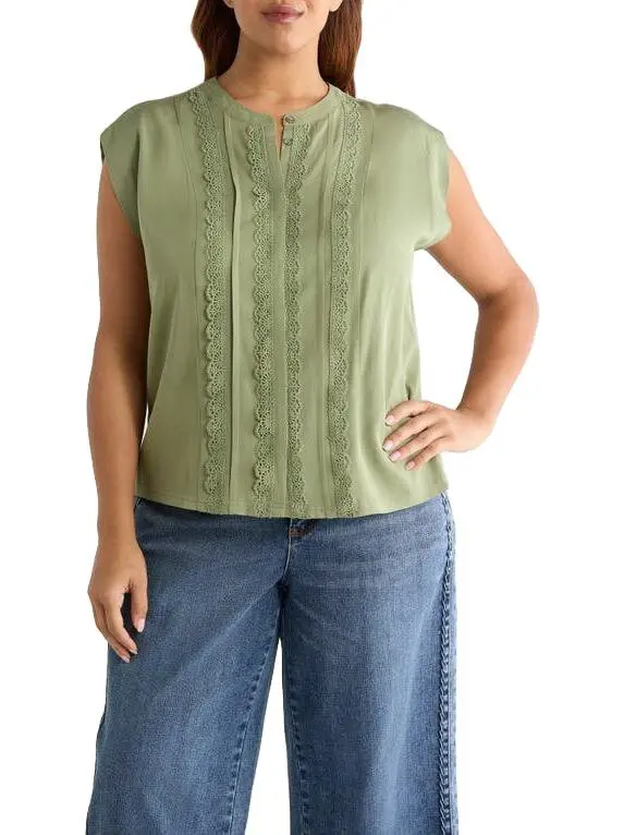 Wit & Wisdom Lace Trim Mix Media Top - Basil