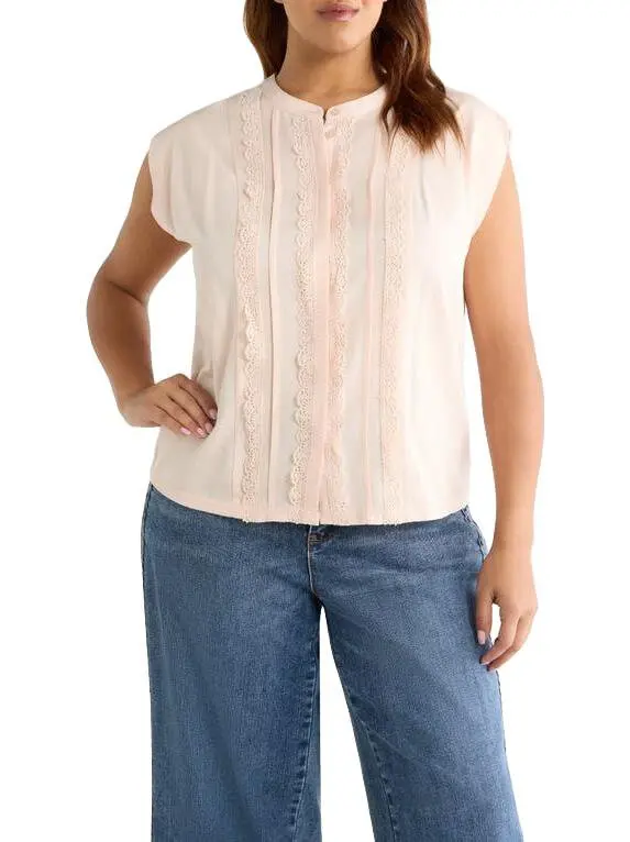 Wit & Wisdom Lace Trim Mix Media Top - Pale Peach