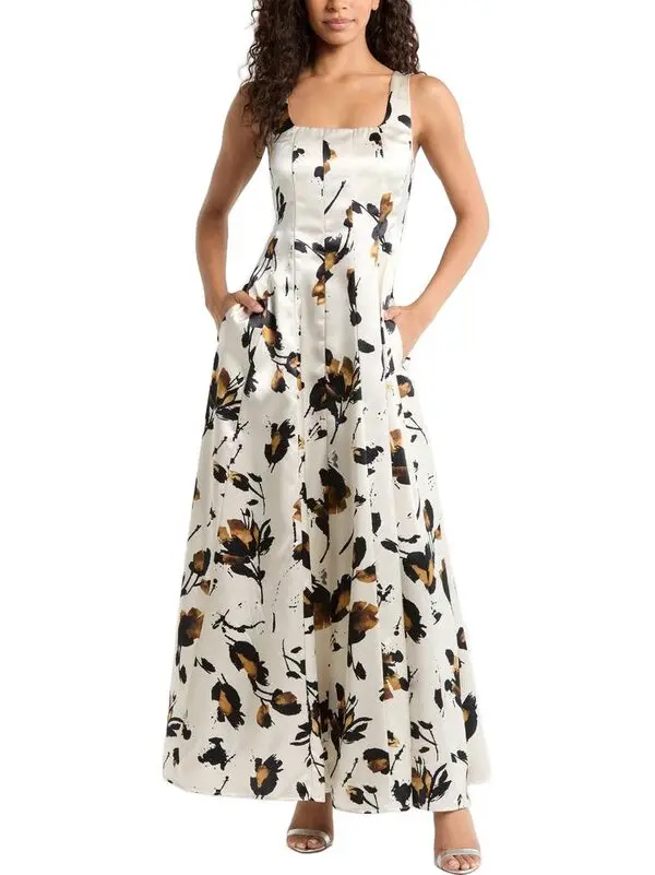MELLODAY Floral Print Satin Maxi Dress - Bone Multi