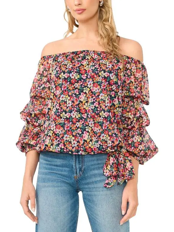 Vince Camuto Floral Print Metallic Off-the-shoulder Top - Classic Navy