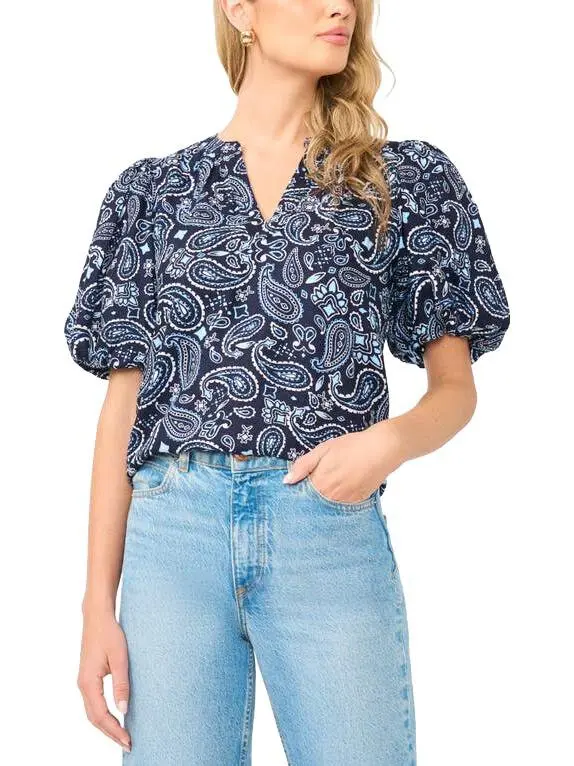 Vince Camuto Paisley Puff Sleeve Top - Classic Navy