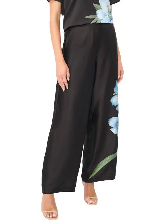 Vince Camuto Floral Wide Leg Pull-on Pants - Black/sky