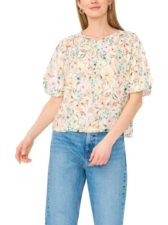 Vince Camuto Floral Puff Sleeve Top - Antique White