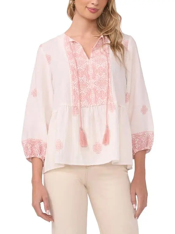 Vince Camuto Embroidered Tie Neck Peasant Blouse - Rose Hip