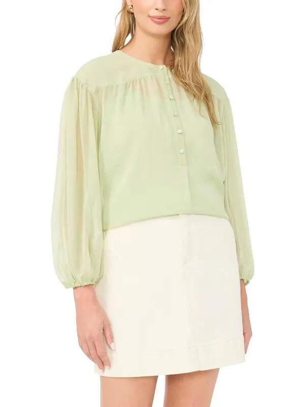 Vince Camuto Shirred Balloon Sleeve Chiffon Top - Lily Green