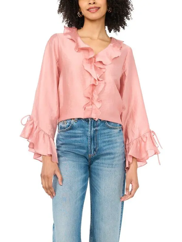 Vince Camuto Ruffle Satin V-neck Top - Coral Dusk