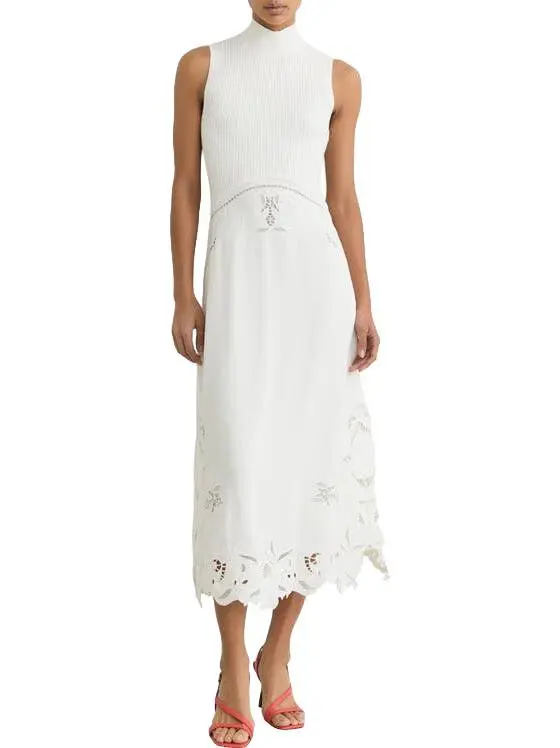 REISS Phoenix Mixed Media Embroidered Eyelet Dress - Ivory